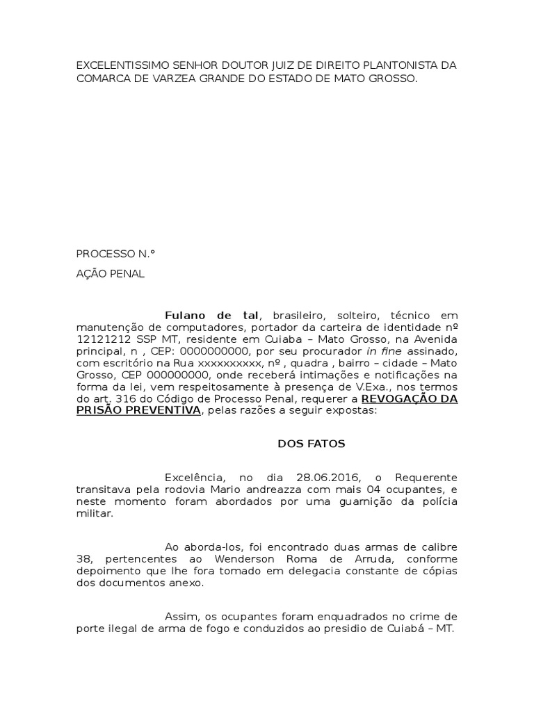 Modelo De Revogaçao De Prisao Preventiva Fiança Confissão Direito