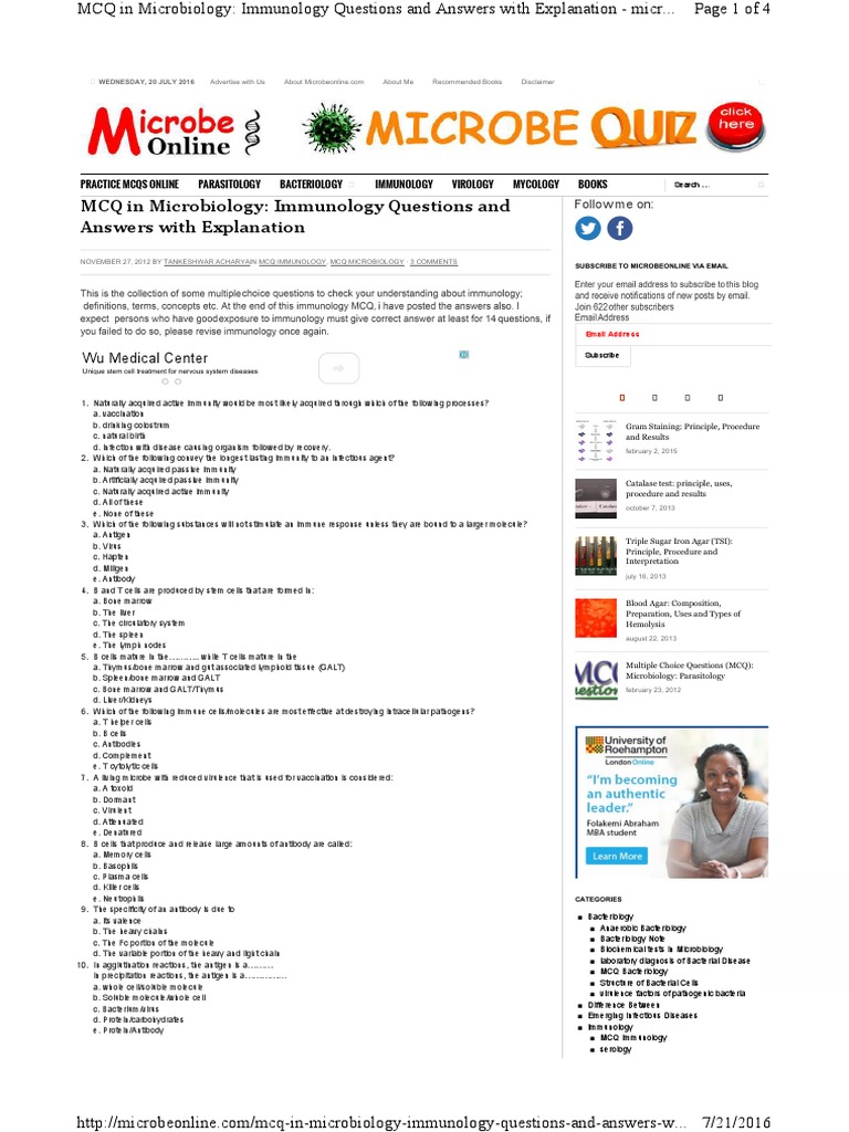 MCQ in Microbiology Immunology Questions and Answers With Explanation ...