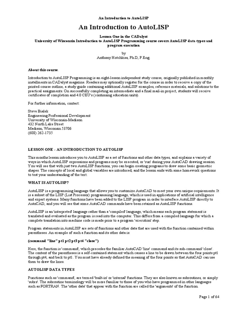 An Introduction To Autolisp Pdf Parameter Computer Programming 4158