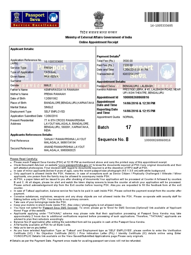 Appointment Reciept | Identity Document | Passport