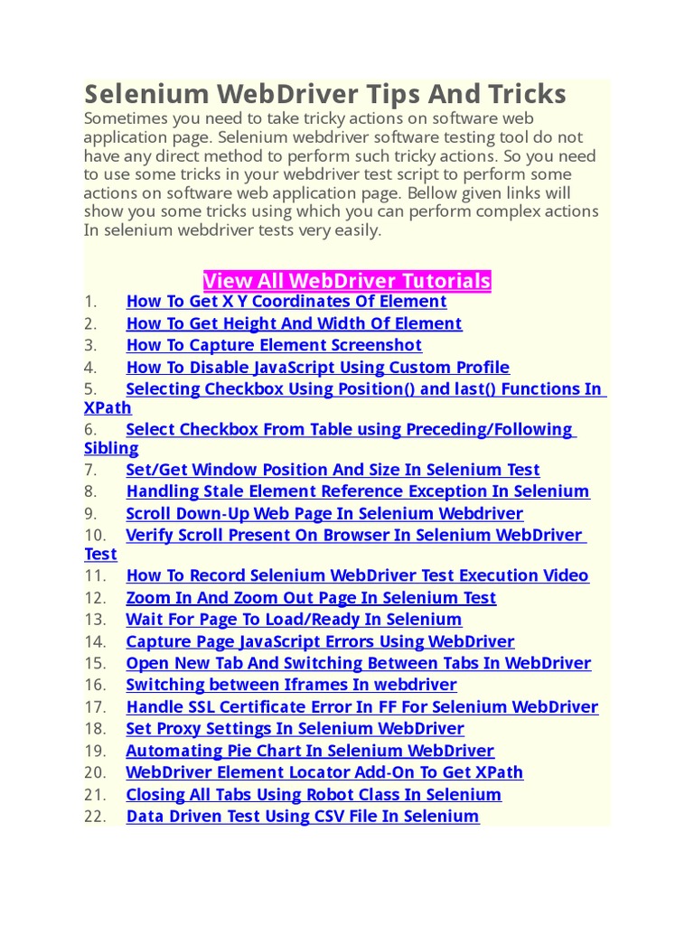 Selenium WebDriver Tips and Tricks | PDF | Selenium (Software ... Selenium WebDriver Tips and Tricks | PDF | Selenium (Software ...