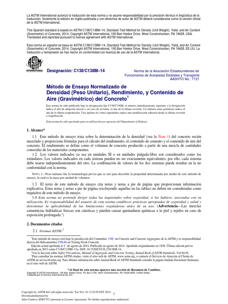 Astm C138-14SP PDF | PDF | Hormigón | Aluminio