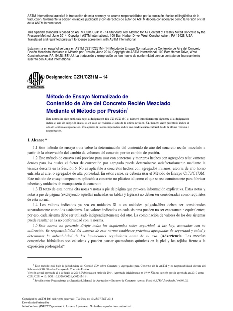 Astm C231-14 PDF | PDF | Presión | Masa