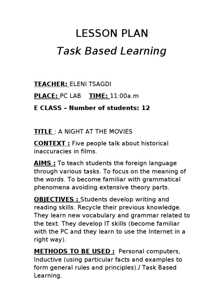 Task Based Learning: Lesson Plan | PDF | Pedagogy | Learning