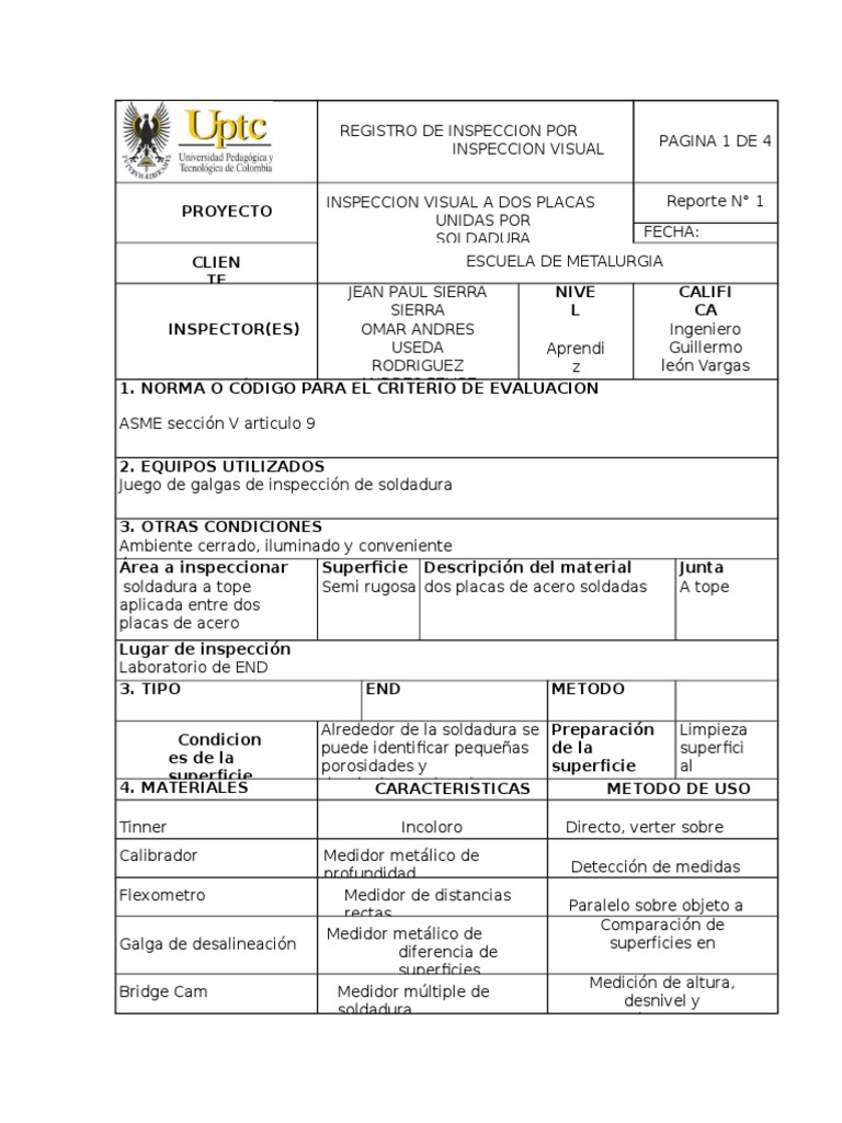 Registro de Inspeccion Por Inspeccion Visual | Soldadura | Industrias