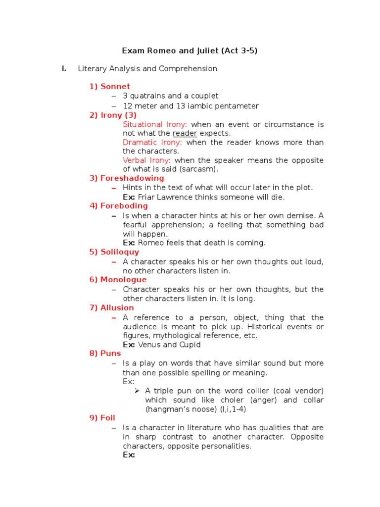 Romeo and Juliet Literary Analysis Exam Study Guide | PDF | Irony ...