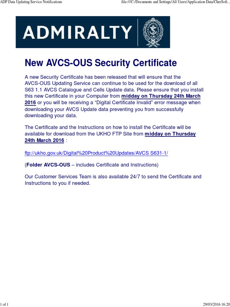 AVCS-OUS Security Certificate Update | PDF