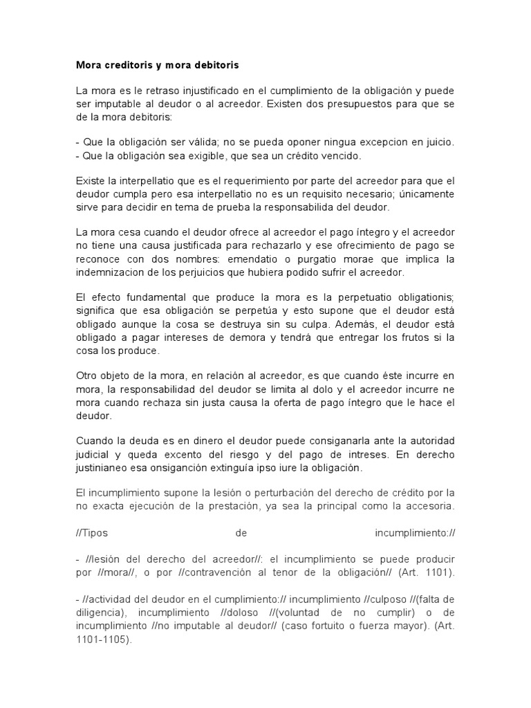 Mora Creditoris y Mora Debitoris | PDF | Pagos | Intención (Derecho Penal)