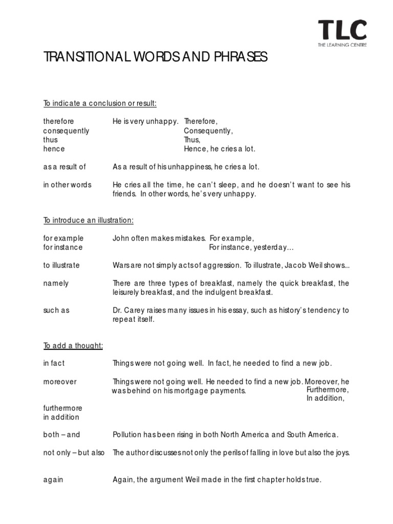 Transitional Words in Phrases | PDF