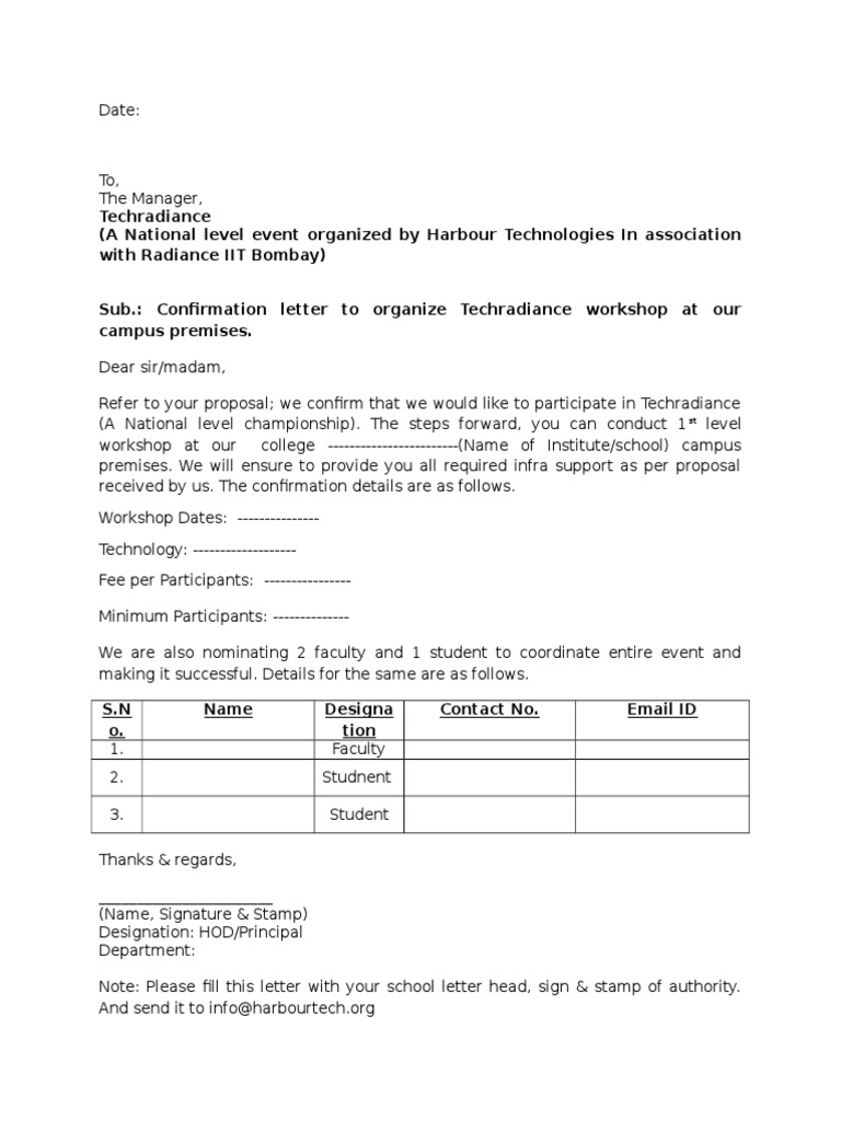 Workshop Confirmation Letter Format | PDF