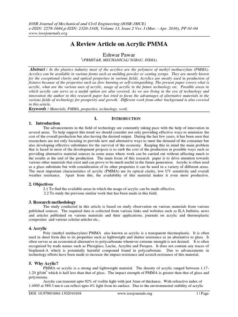 A Review Article On Acrylic PMMA: Eshwar Pawar | PDF | Poly(Methyl ...
