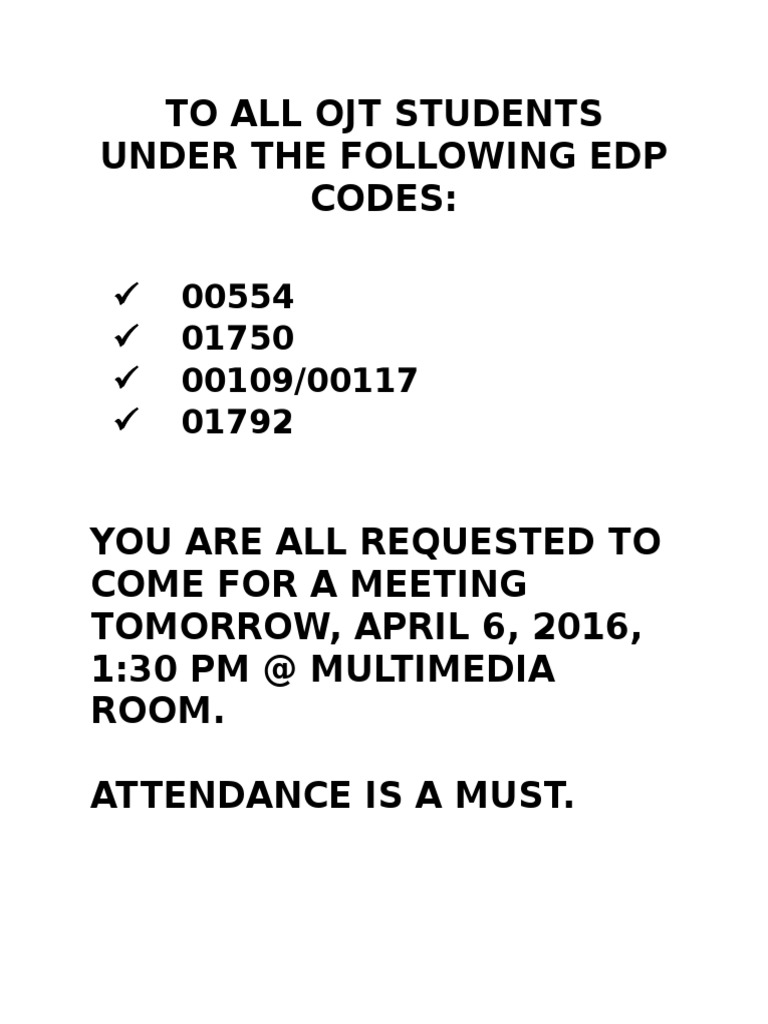 To All Ojt Students Under The Following Edp Codes | PDF