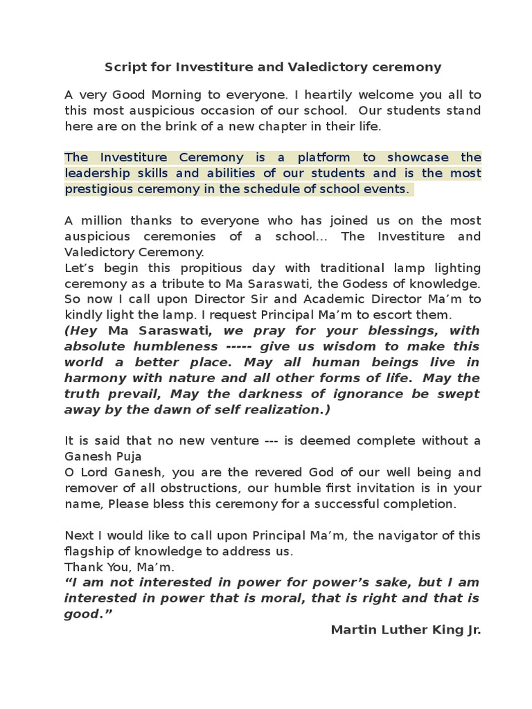 Script For Investiture Cript For Investiture and Valedictory ...