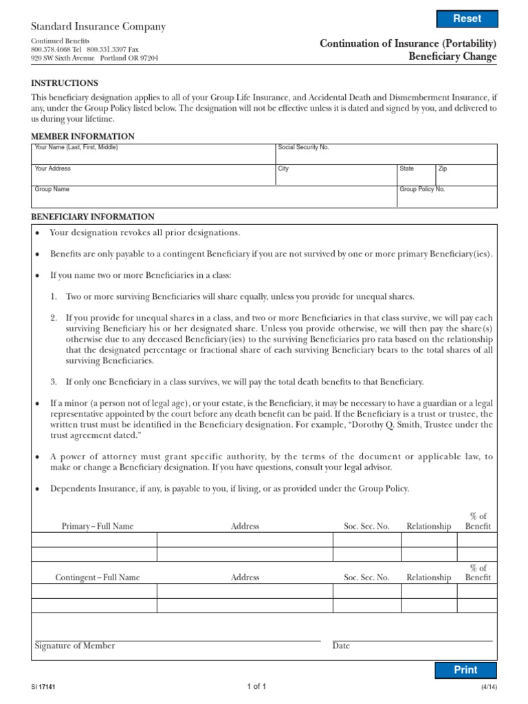 The Standard Change of Beneficiary (Blank) | PDF