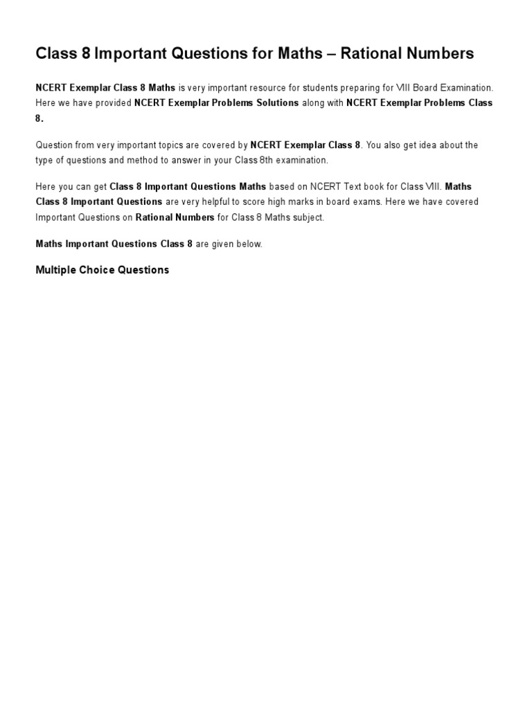 Class 8 Maths: Rational Numbers Questions | PDF | Question | Test ...