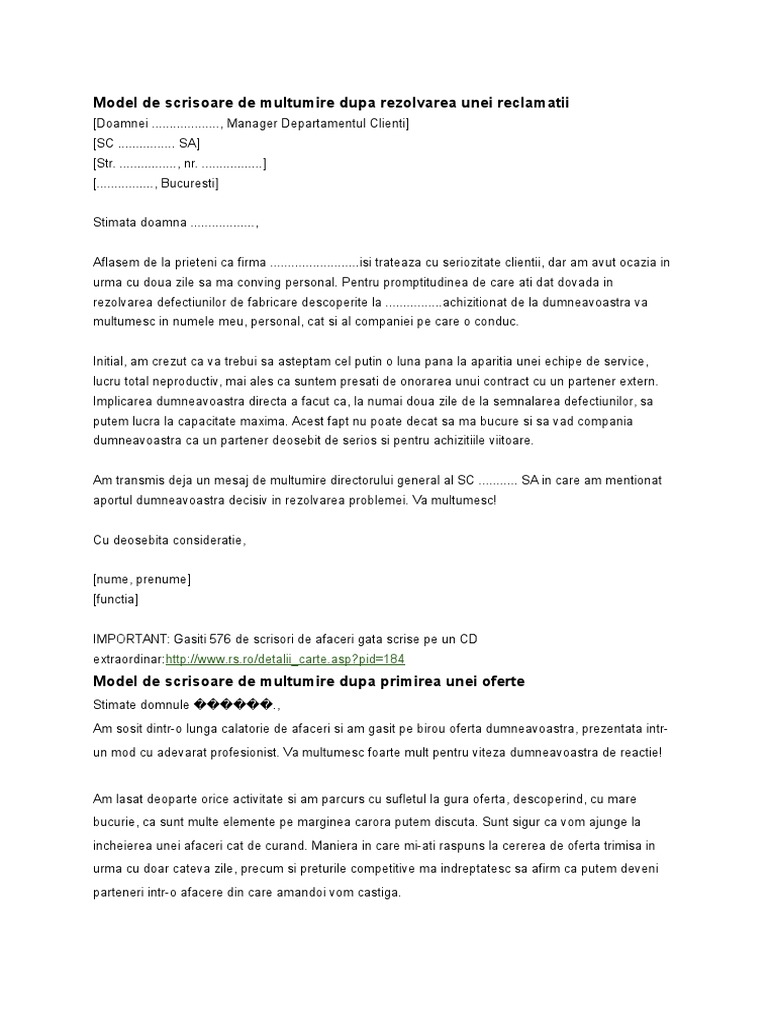 Model de Scrisoare de Multumire Dupa Rezolvarea Unei Reclamatii | PDF