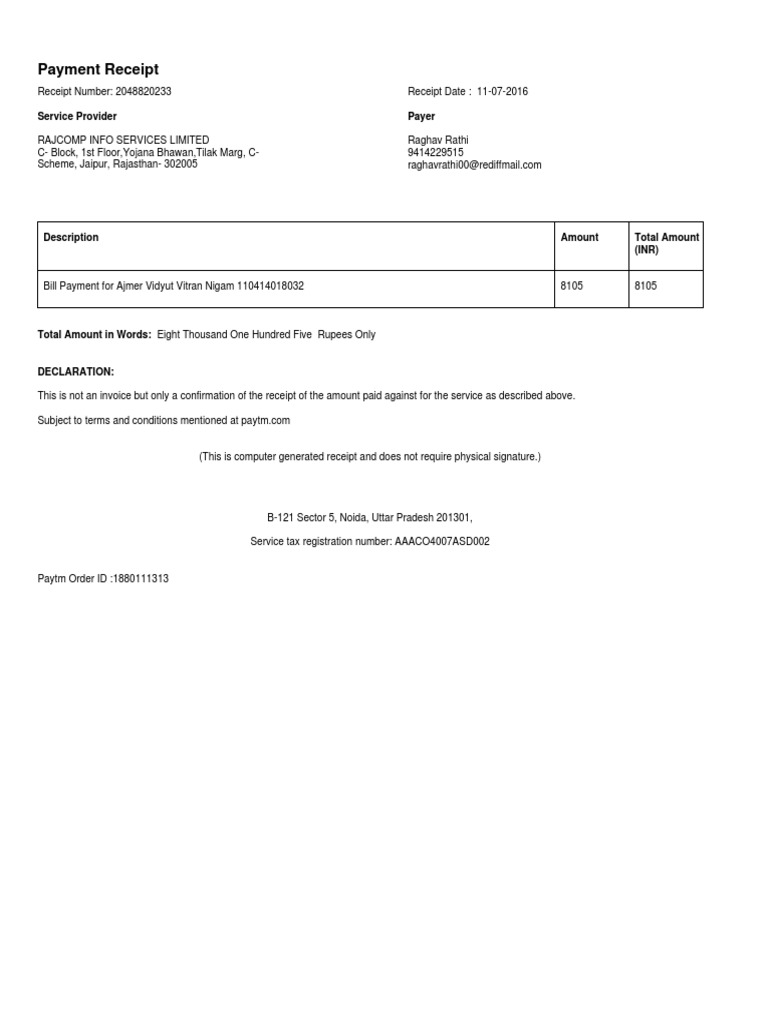 Payment Receipt: Service Provider Payer | PDF