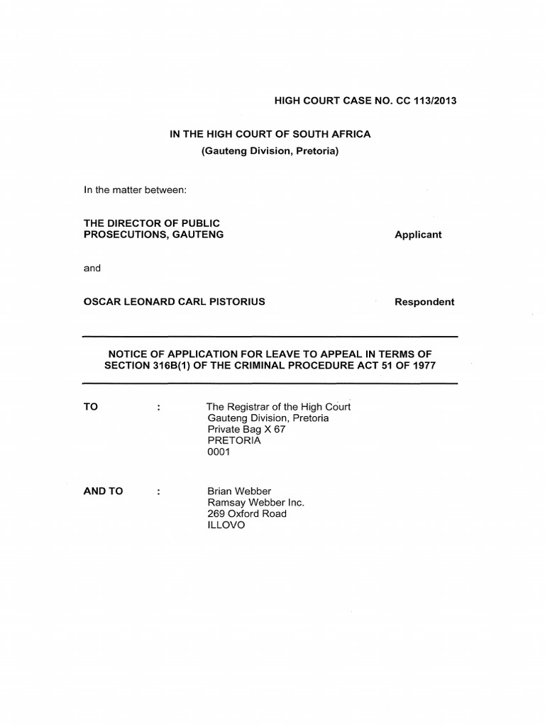 Appeal Against Pistorius Sentencing | PDF | Sentence (Law) | Crime ...