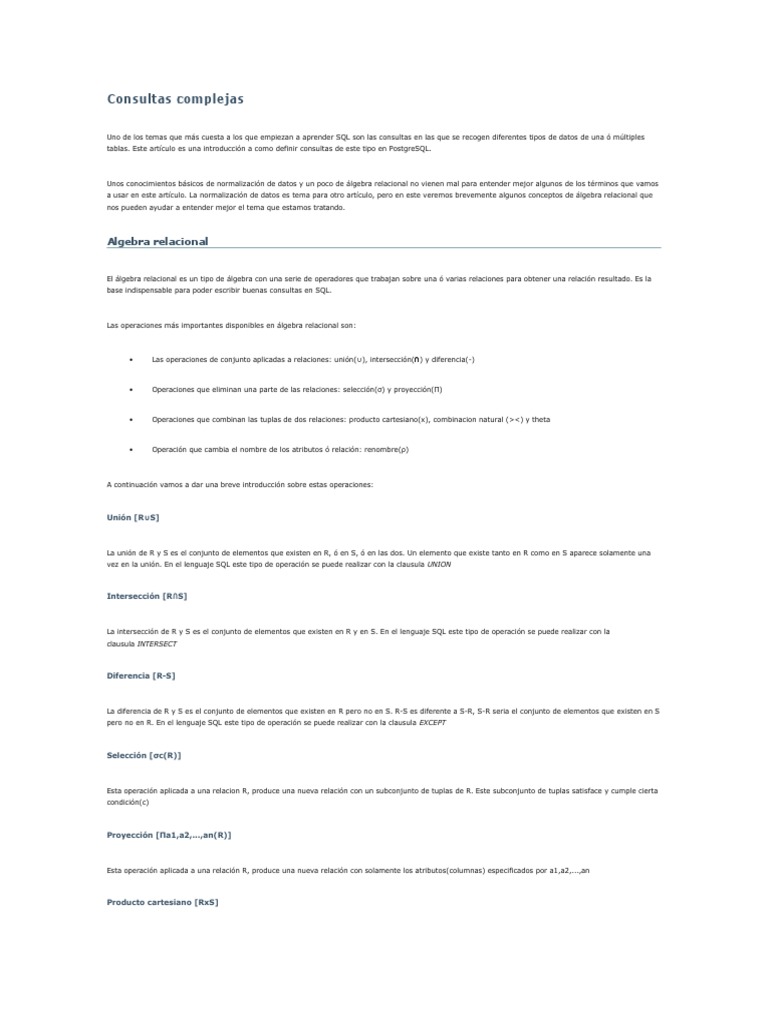 Consultas complejas en PostgreSQL | PDF | SQL | Base de datos relacional