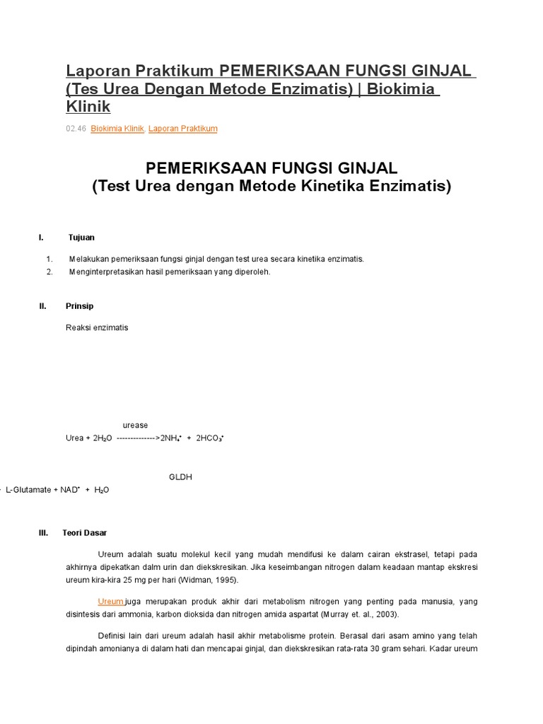 Laporan Praktikum Pemeriksaan Fungsi Ginjal | PDF | Sains & Matematika