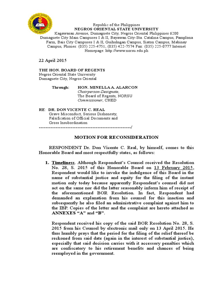 Motion for Reconsideration.doc | Due Process Clause | Constitutional Law