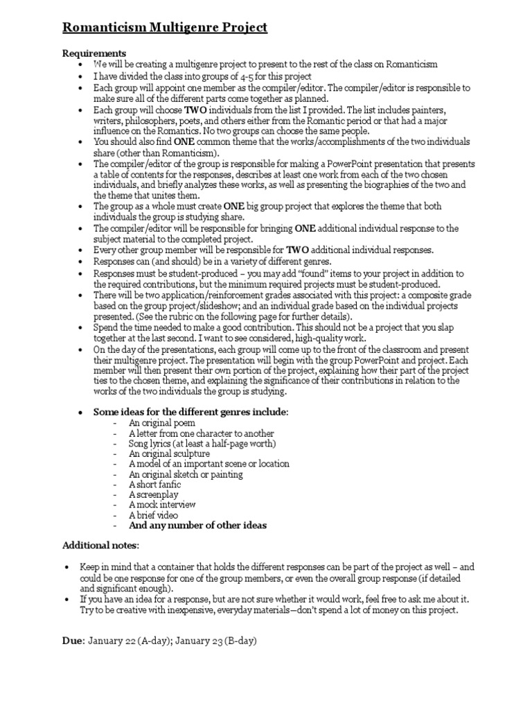 Romanticism Multigenre Project Guide | PDF | Romanticism