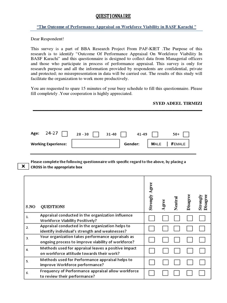 Questionnaire For FYP SYED ADEEL TIRMIZI | PDF | Performance Appraisal ...