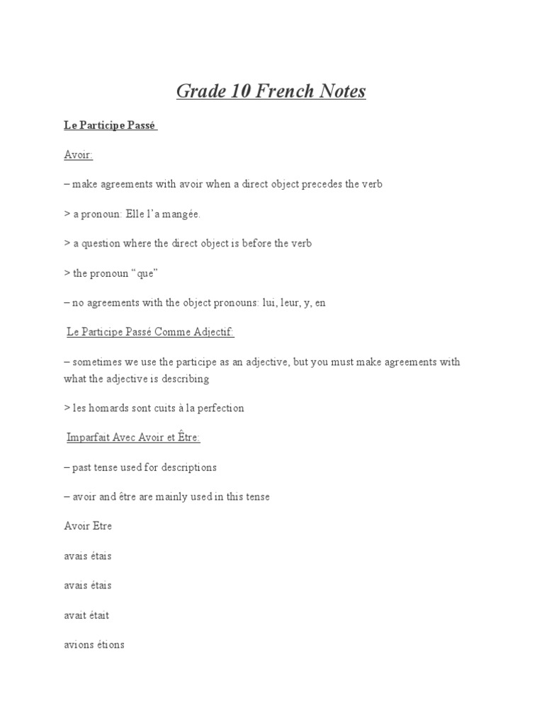 French Grade 10 Notes | PDF | Verbe | Grammaire