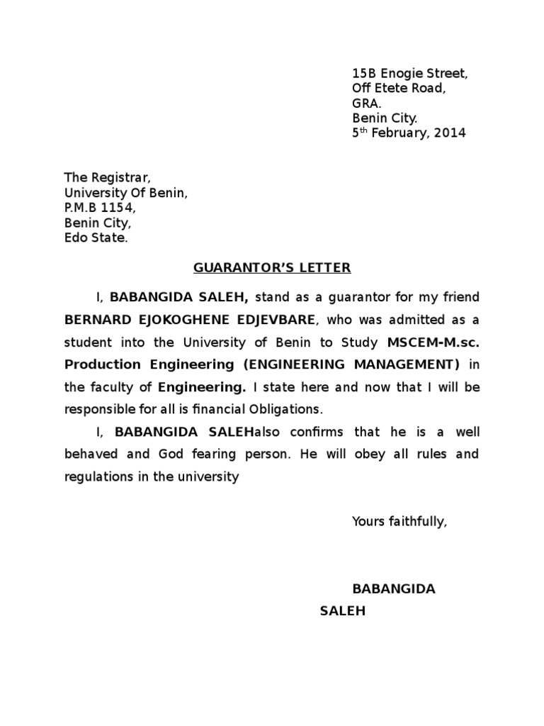 Guarantor Letter Format Guarantee Letter For Tourist Visa | PDF