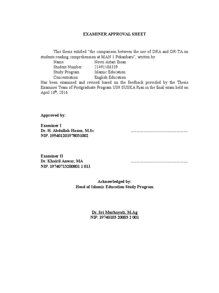 Thesis Approval Sheet Example | PDF