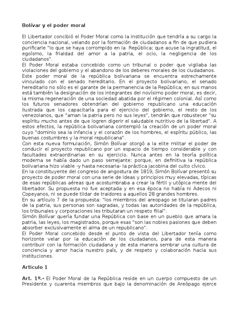 Bolívar y el Poder Moral: Propuesta 1819 | PDF | República | Moralidad