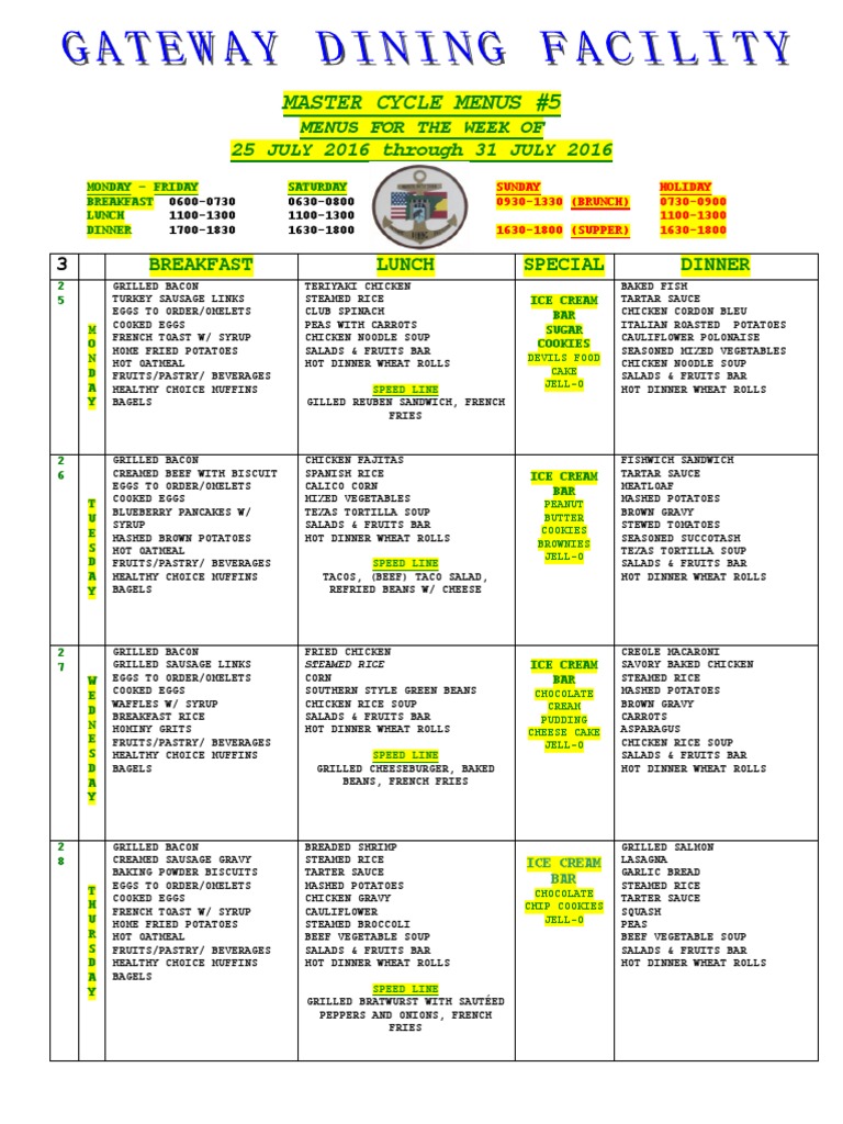 Gateway Galley Menu 25 July To 31 July | PDF | Bacon | Salad