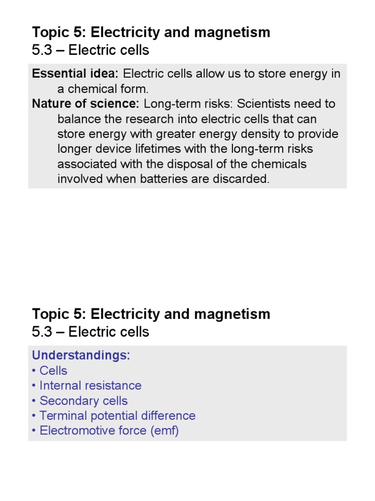 Topic 5.3 - Electric Cells | PDF | Battery (Electricity) | Electric Current