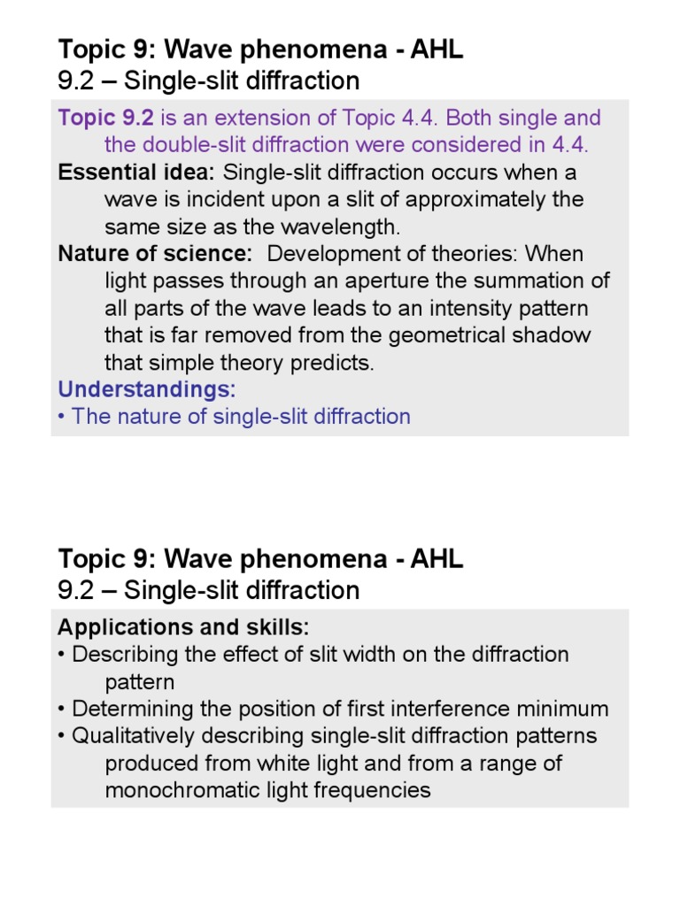 Topic 9.2 - Single-Slit Diffraction - AHL | PDF | Diffraction | Wavelength