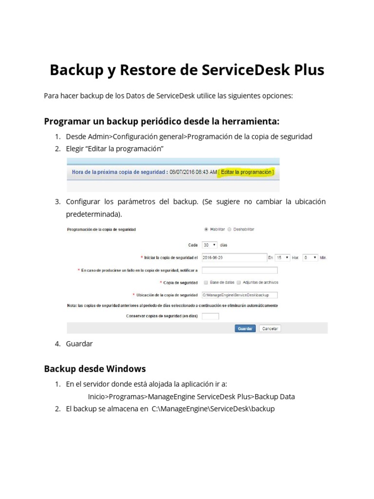 Backup y Restore ServiceDesk | PDF