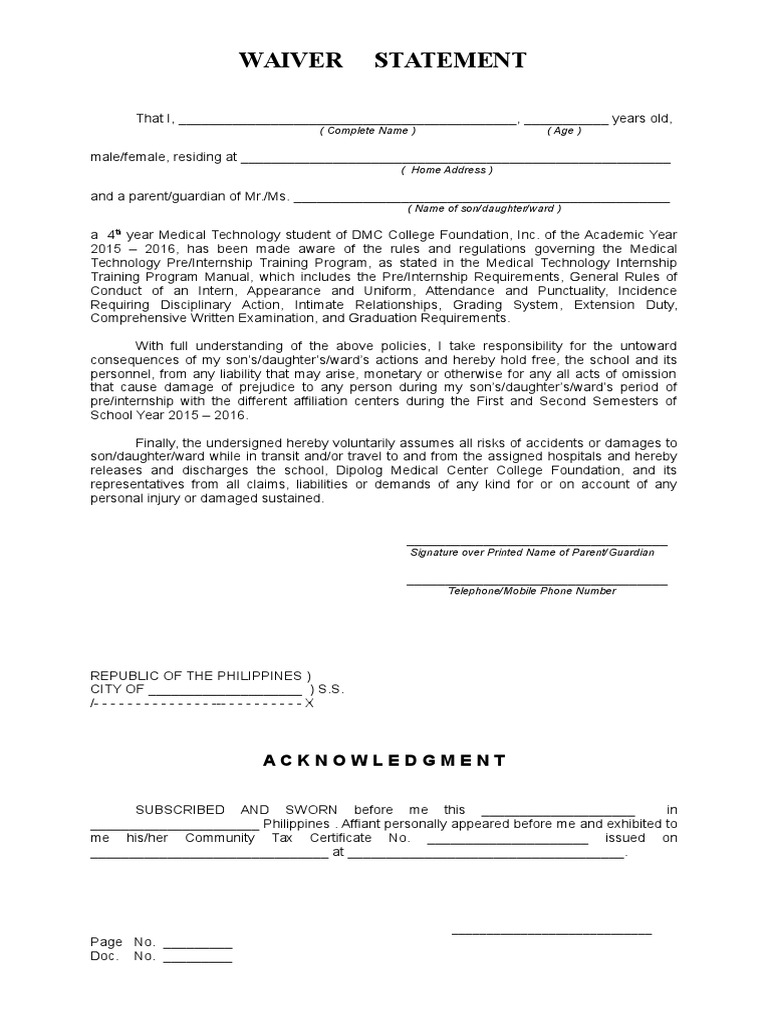 Waiver Statement: Acknowledgment | PDF | Government | Social Institutions