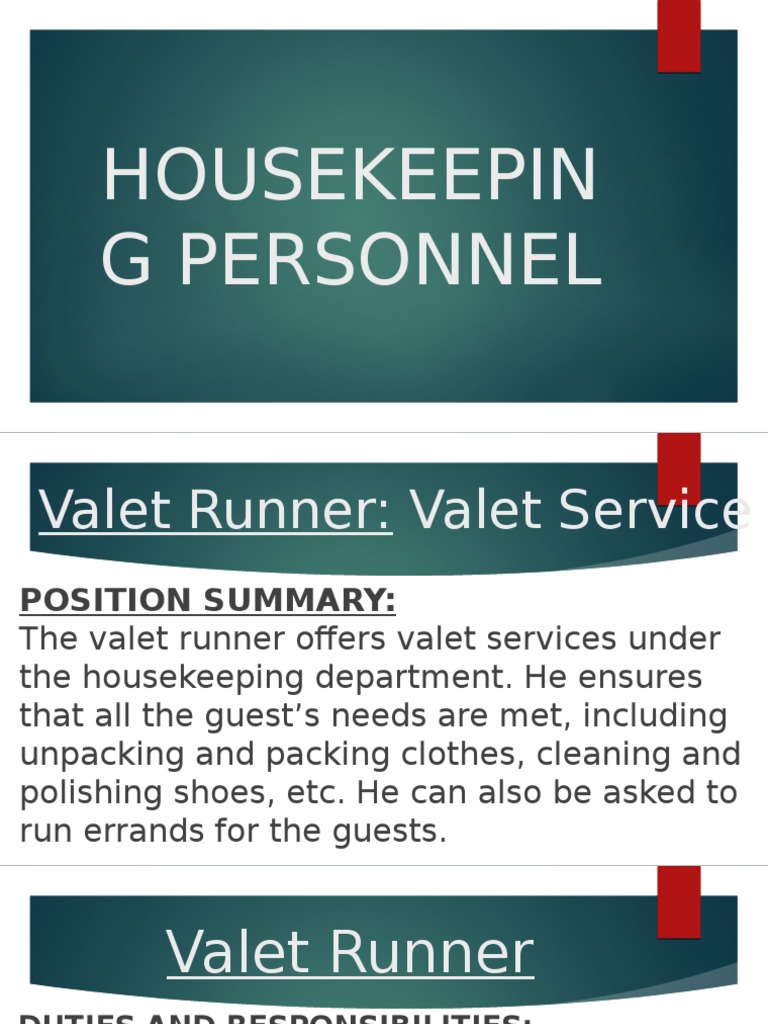 Housekeeping Personnel Roles and Duties | PDF | Laundry | Housekeeping