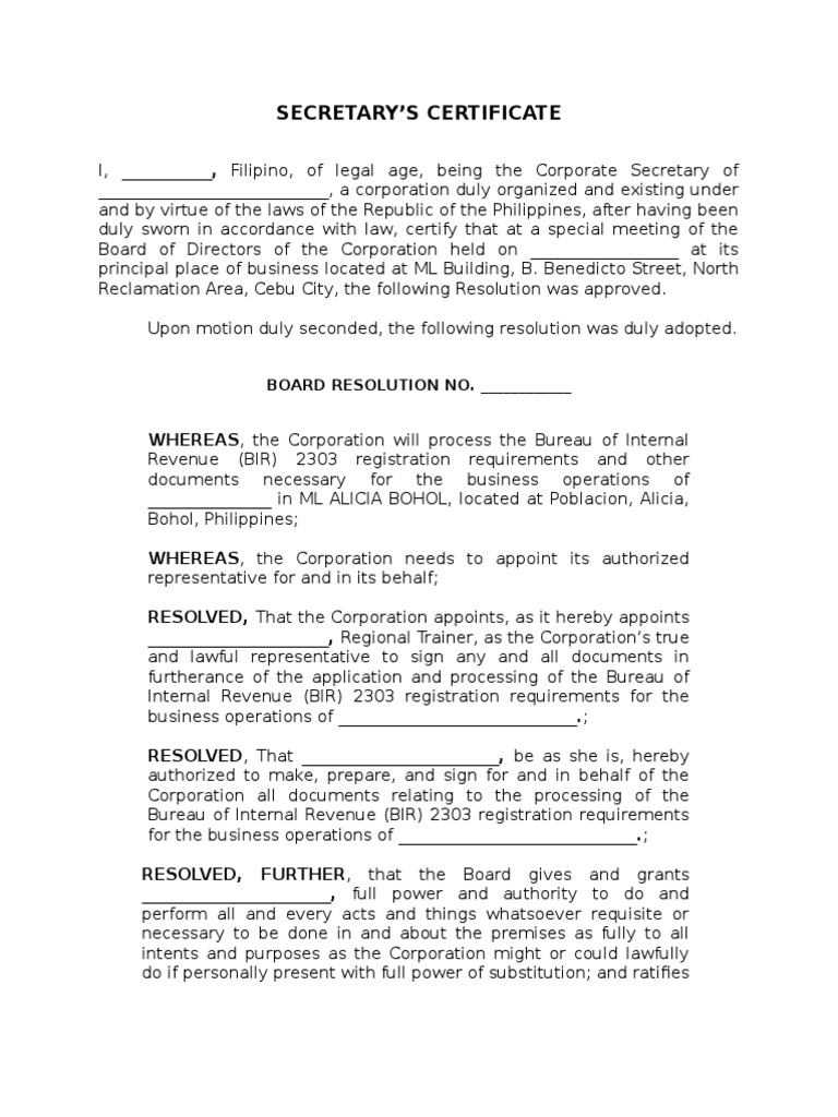 Secretary Certificate | PDF