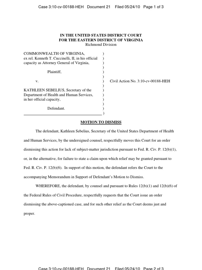 COMMONWEALTH OF VIRGINIA V SEBELIUS - 21 - MOTION To Dismiss - Vaed ...