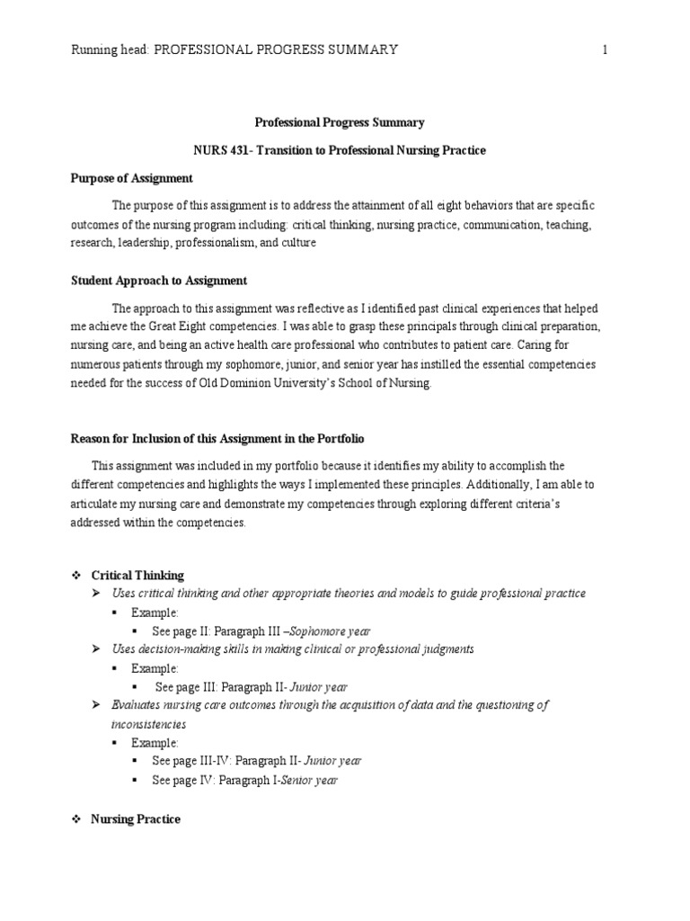 Professional Progress Summary Intro Page | PDF | Nursing | Competence ...