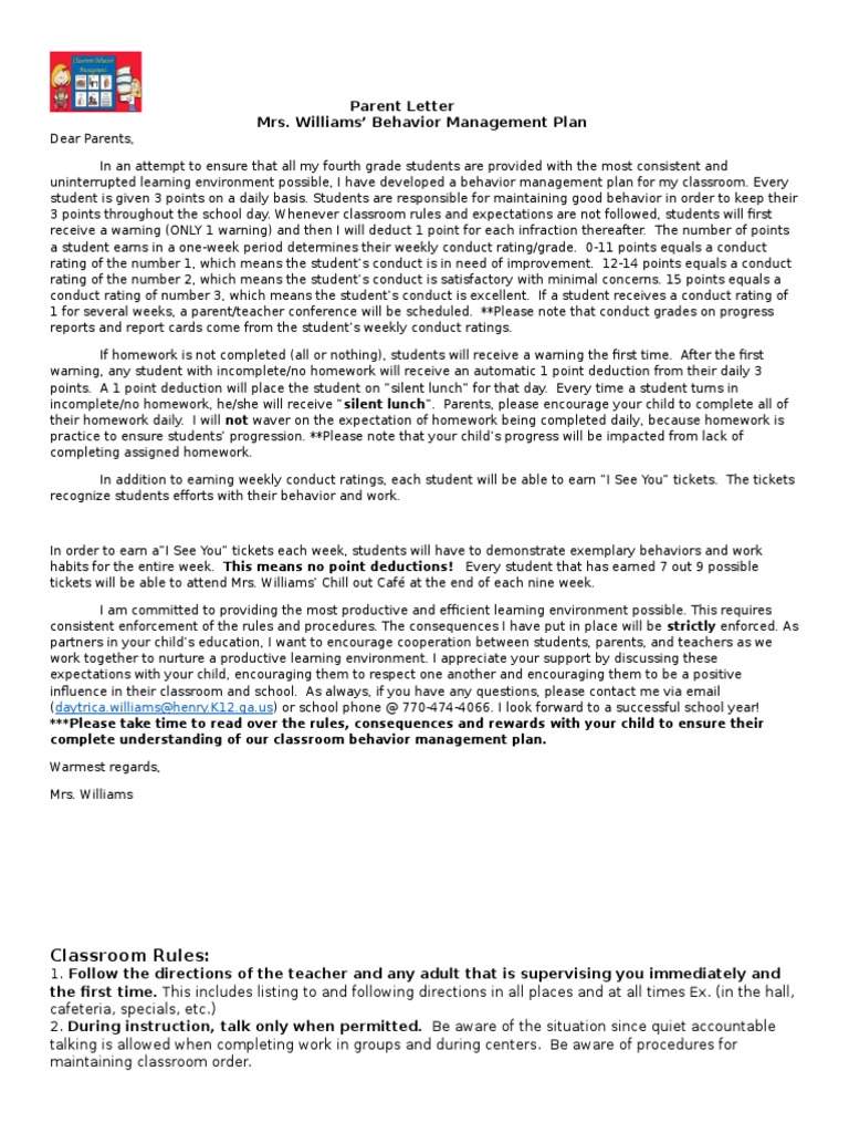 Mrs Williams 4th Grade Behavior Management Plan | PDF | Homework ...
