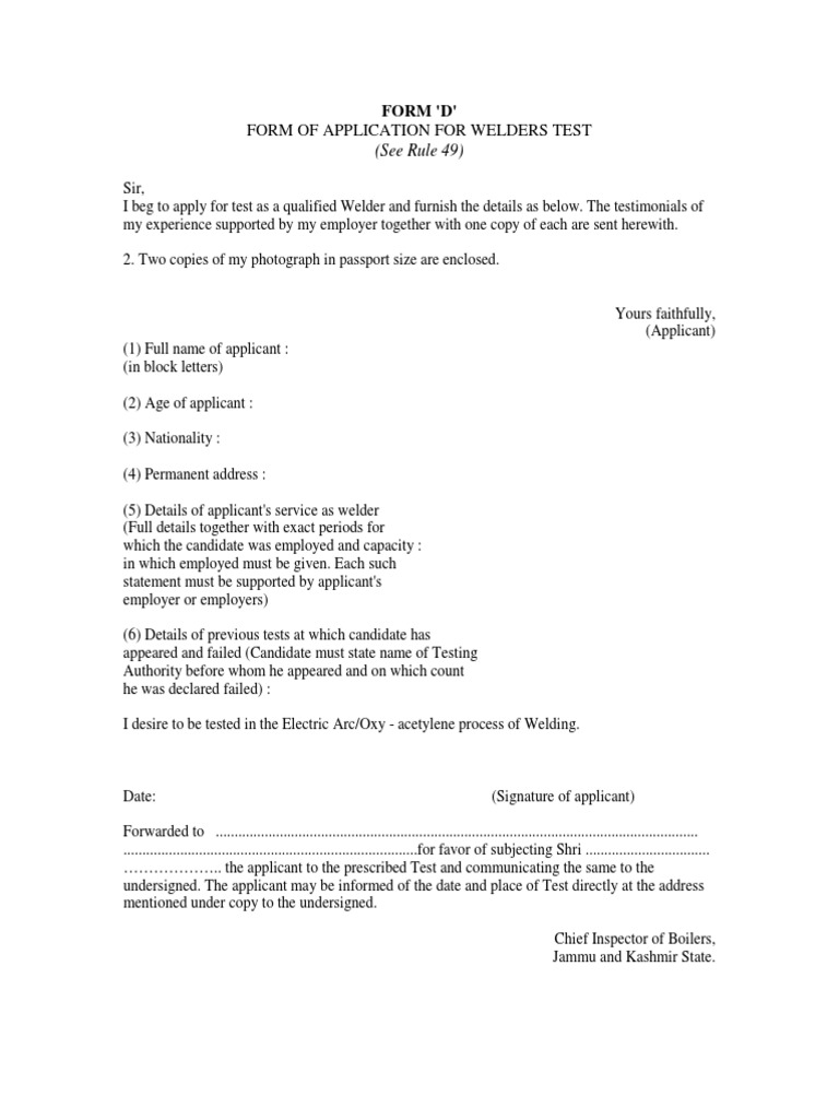 Application Form For Welders Test | PDF