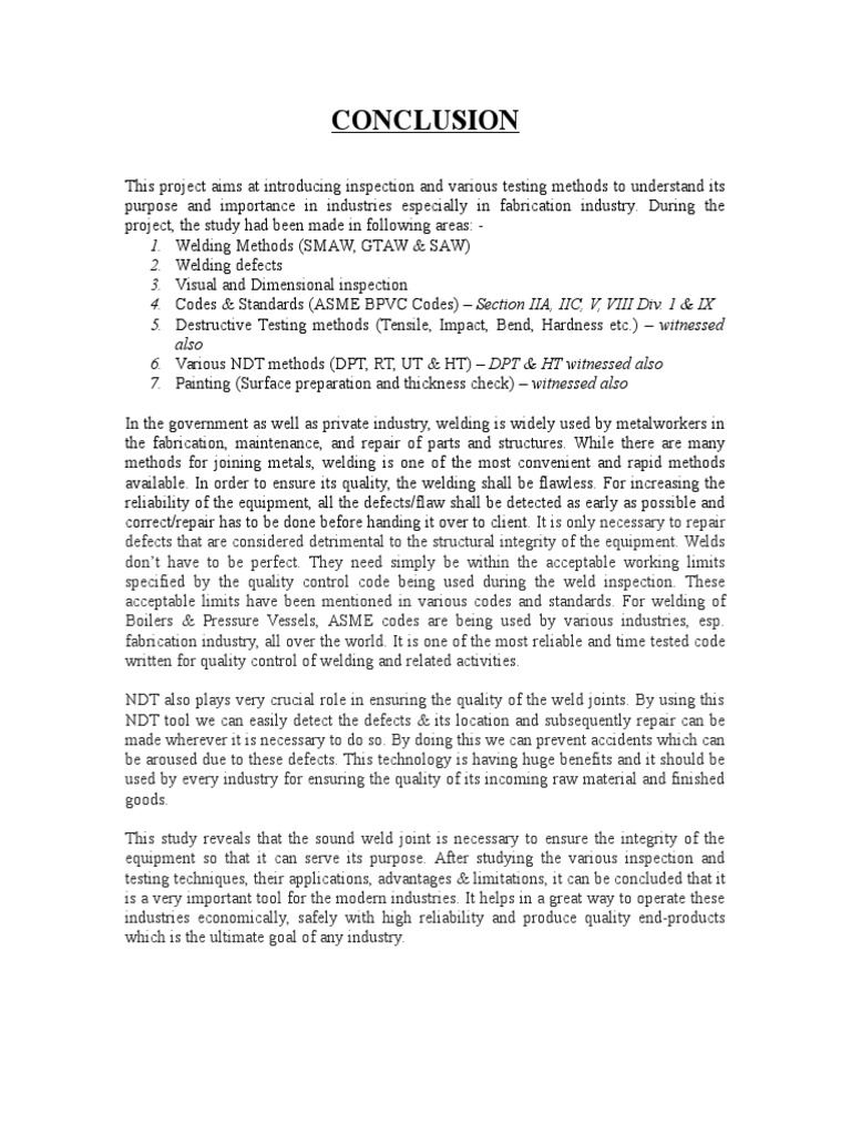 Conclusion (Project Report) | PDF | Nondestructive Testing | Welding