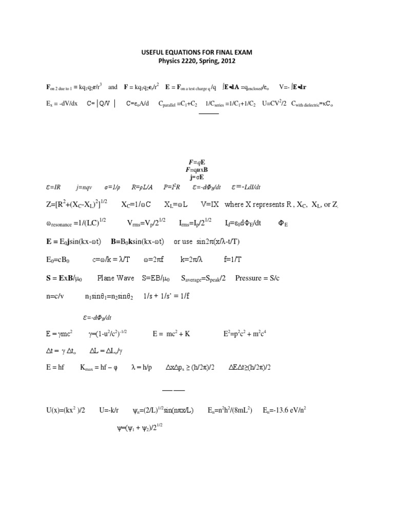 Useful Equations For Final Exam PDF | PDF | Teaching Methods ...