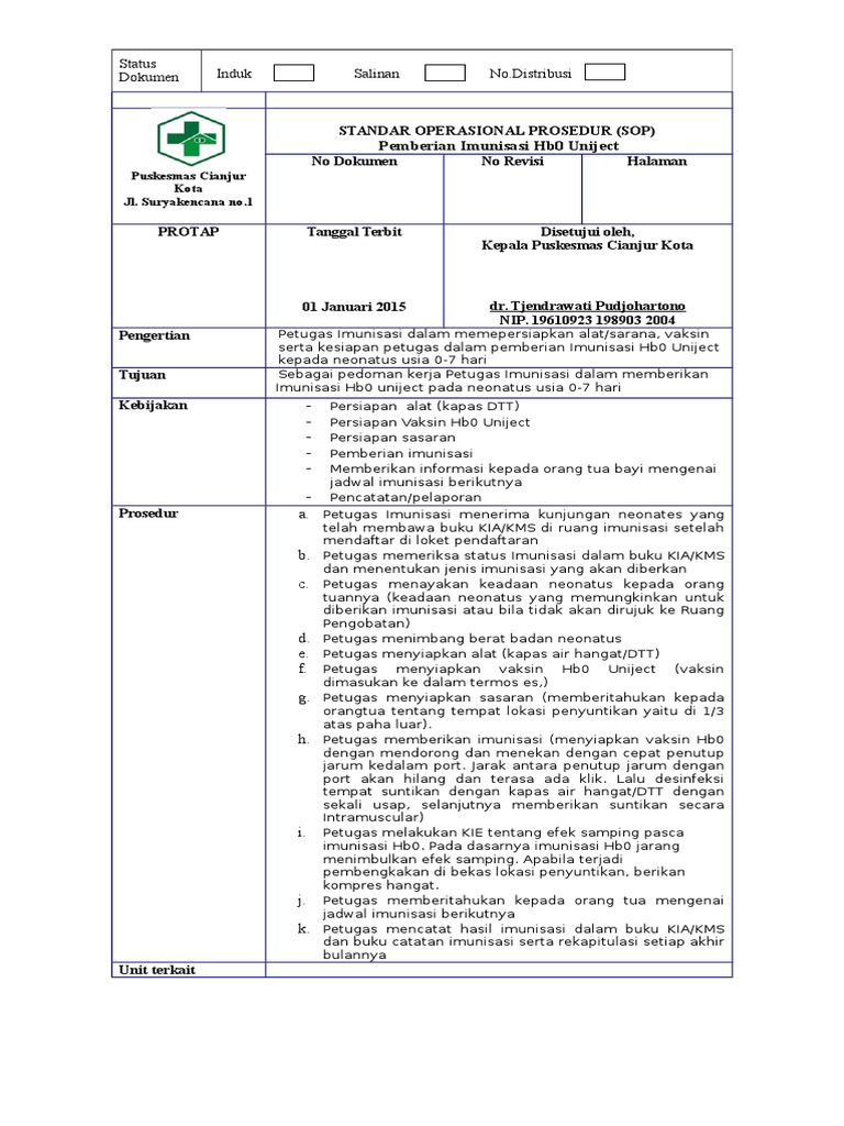 SOP Imunisasi Hb0 Uniject untuk Neonatus | PDF