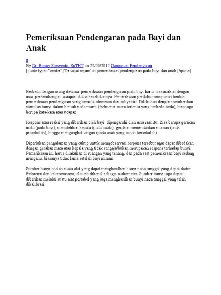 Pemeriksaan Pendengaran Pada Bayi Dan Anak | PDF