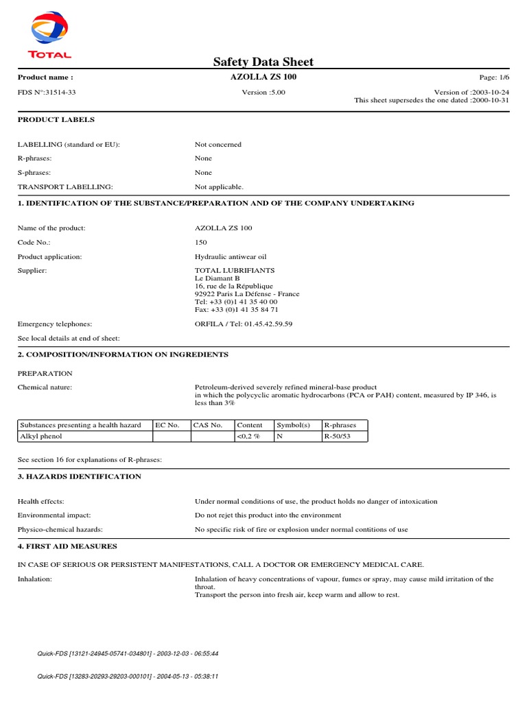 Safety Data Sheet: Azolla Zs 100 | PDF | Combustion | Water