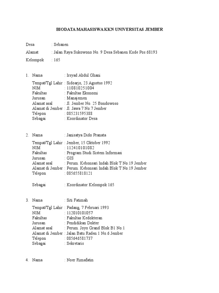 Biodata Mahasiswa KKN Universitas Jember | PDF Biodata Mahasiswa KKN Universitas Jember | PDF