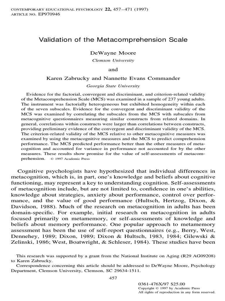 Validation Of The Metacomprehension Scale Pdf Reading Comprehension Metacognition