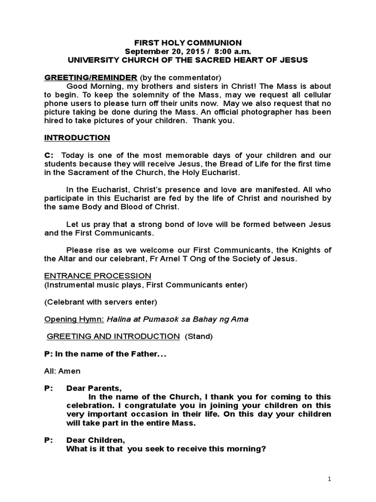 2015-2016 Liturgy First Holy Communion | PDF | God The Father | Eucharist